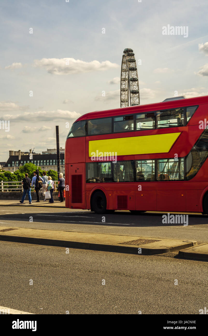 Double deck red bus on the bridge in London, symbolic vehicle on the ...