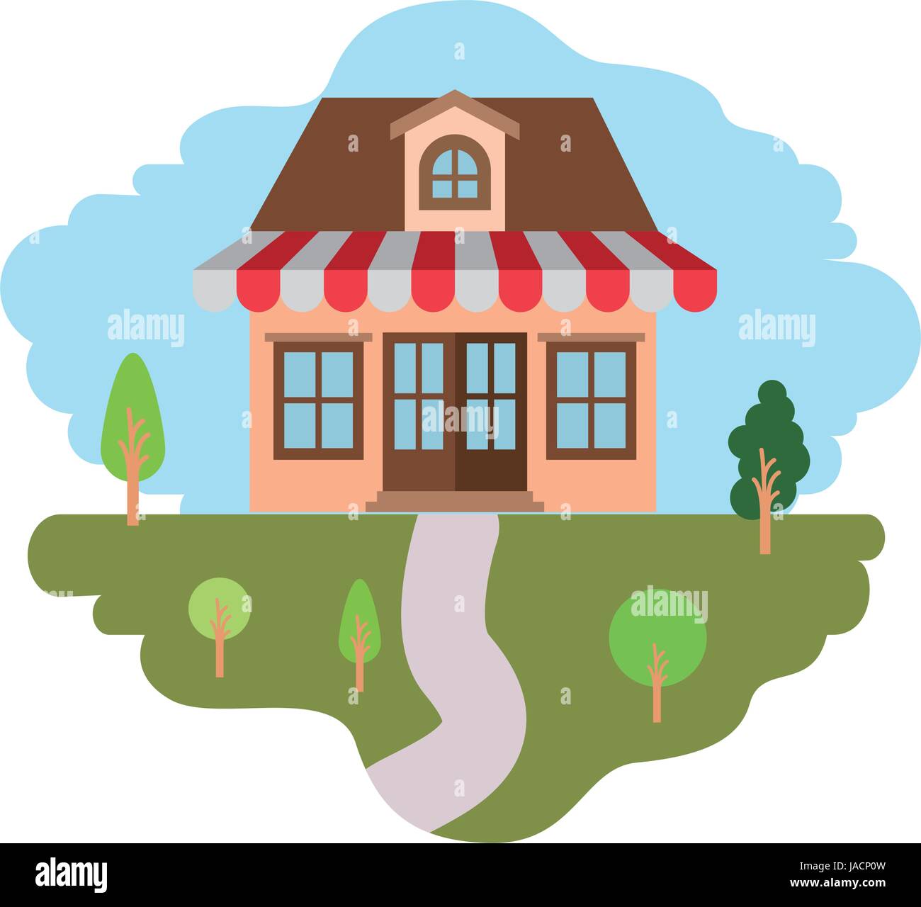 white background with colorful scene of natural landscape and store ...