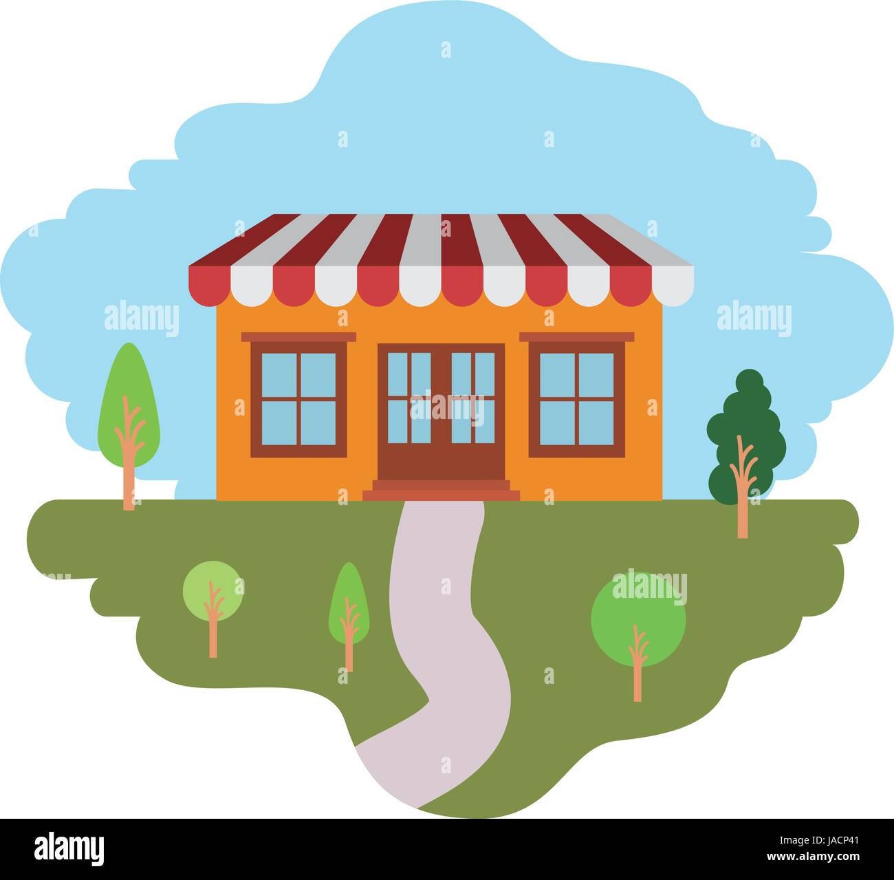 white background with colorful scene of natural landscape and store ...