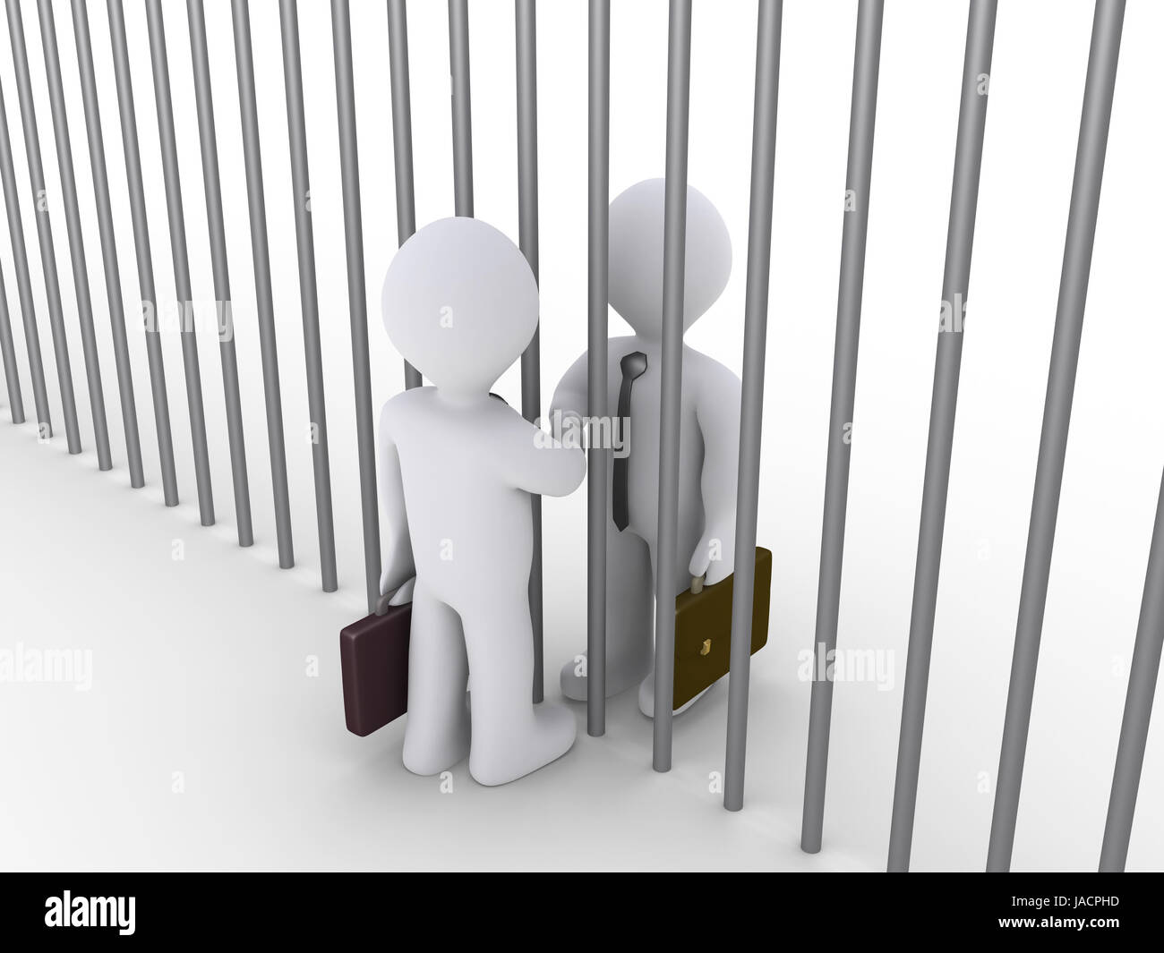 Two 3d businessmen shake hands at the opposite sides of prison bars ...