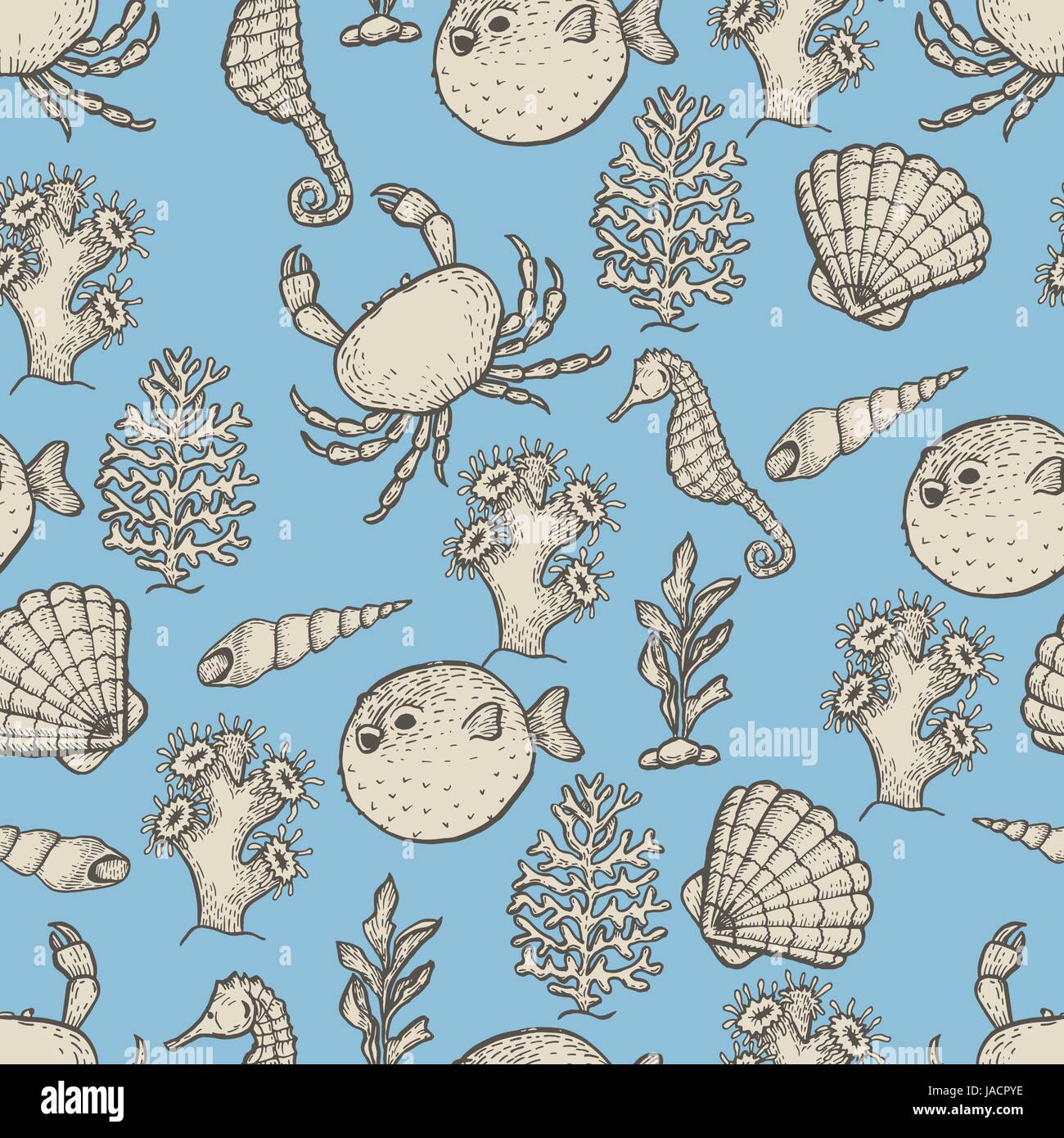 Hand drawn sea life illustration. Sketch seamless pattern Stock Vector ...
