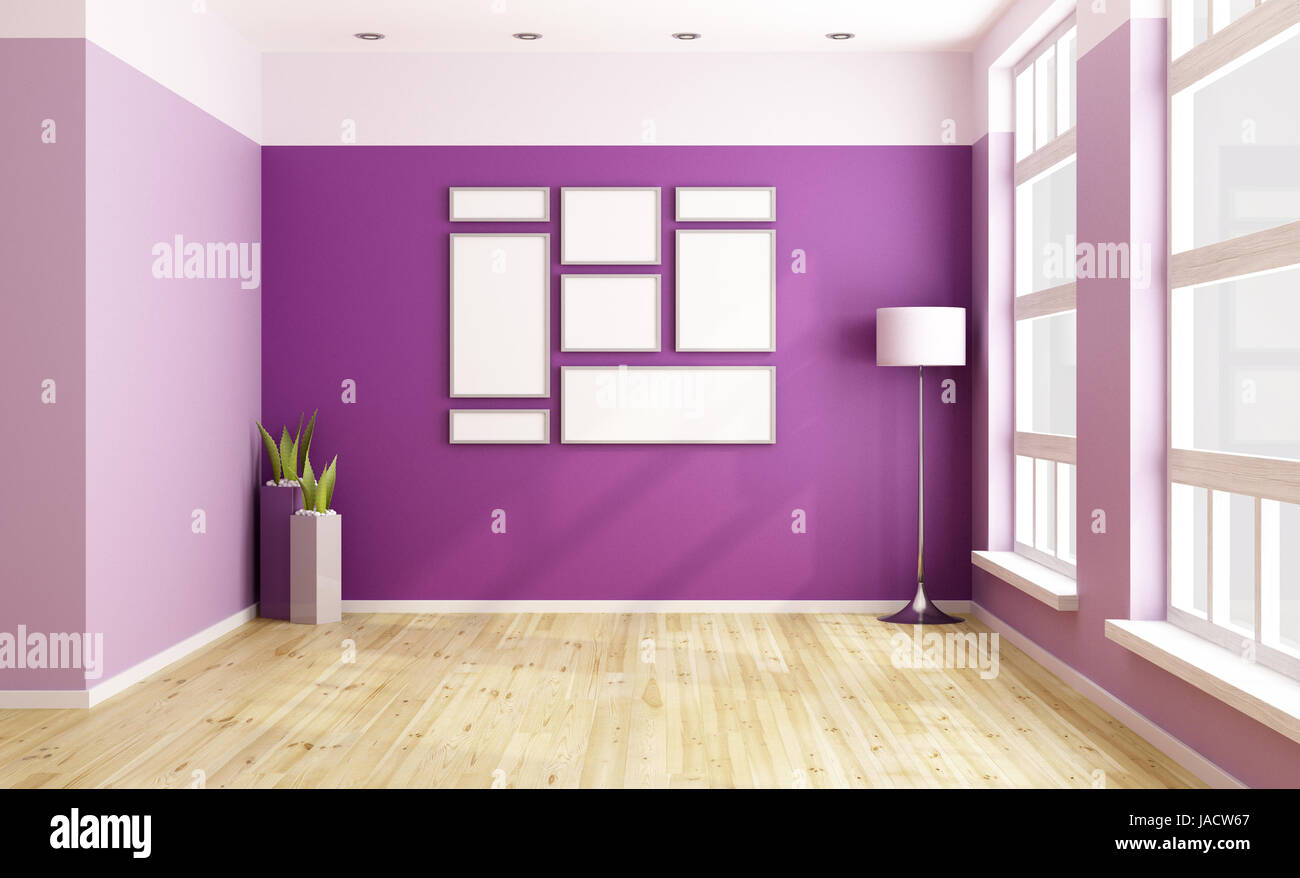 Empty purple room with blank frame and big windows - rendering Stock ...