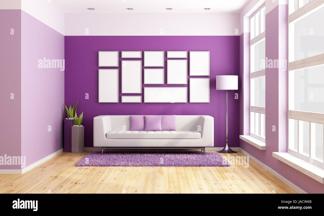 Bright living room with modern couch, purple wall and big wooden ...