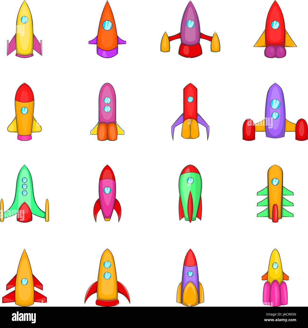 Rockets icons set. Cartoon illustration of 16 rockets vector icons for ...