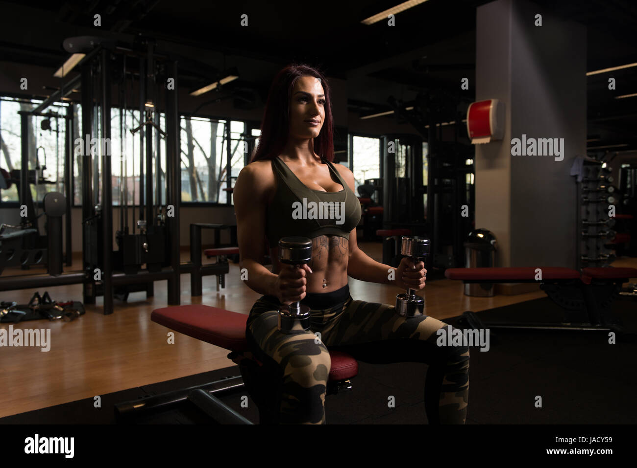 Fitness Woman Preparing To Working Out Shoulders In Fitness Center ...