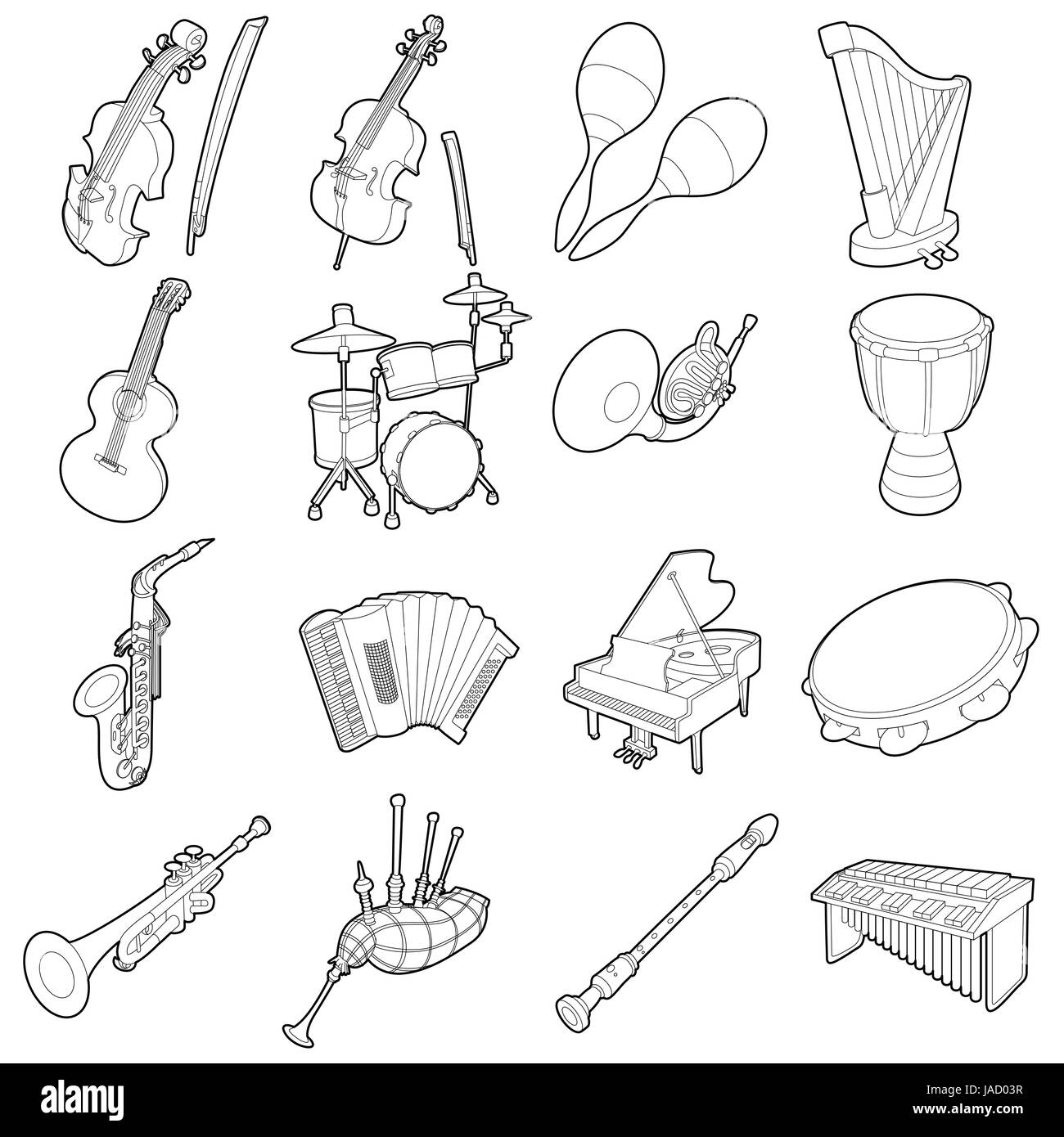 Musical instruments icons set. Outline cartoon illustration of 16 ...
