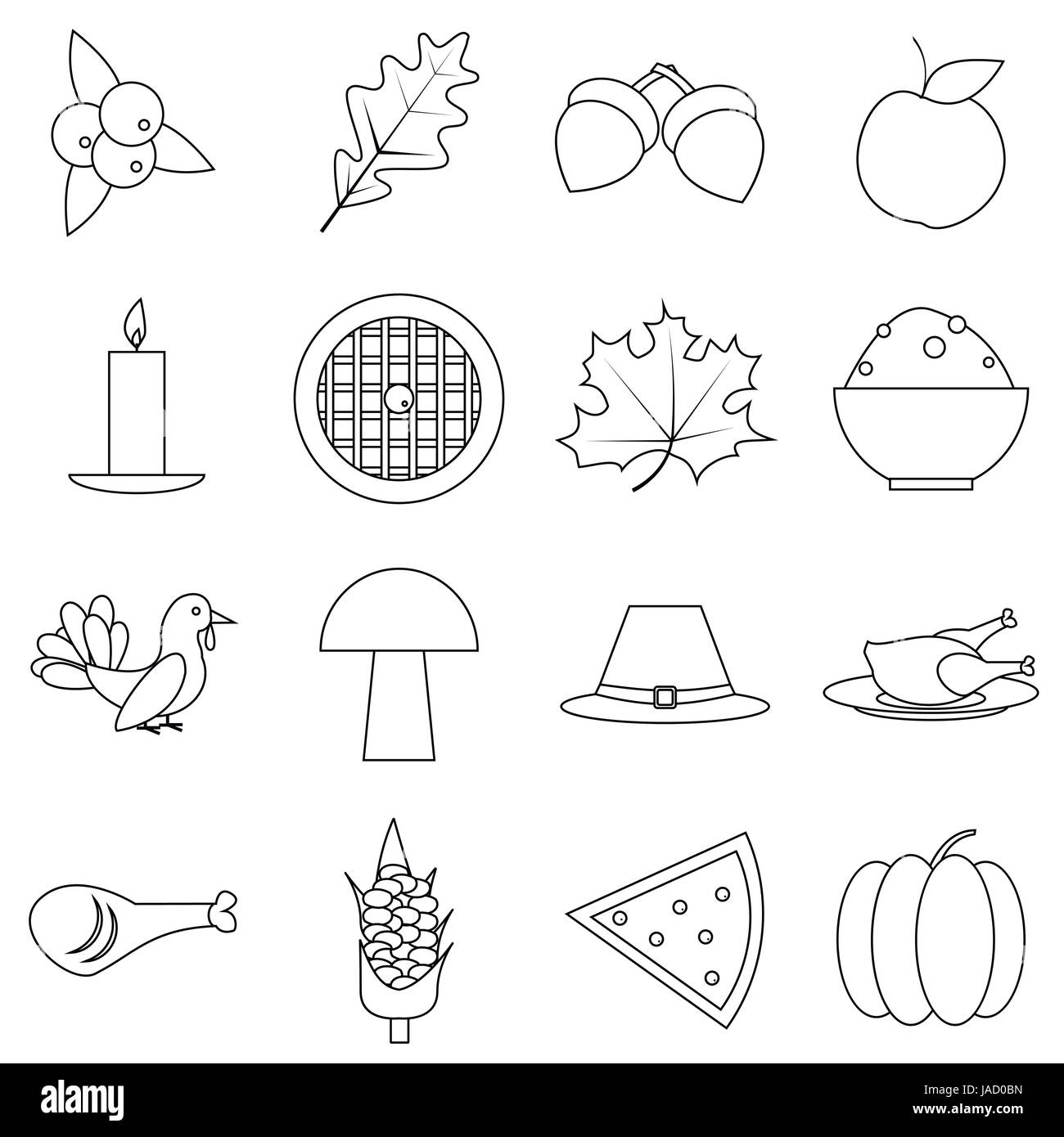 Thanksgiving Day Autumn icons set. Outline illustration of 16 ...