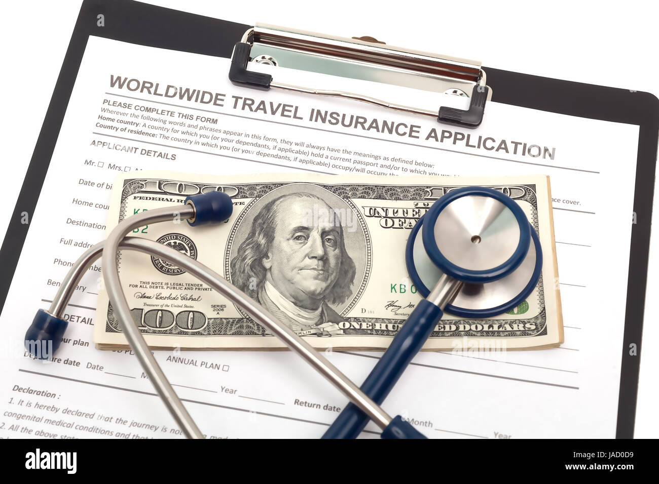 International travel medical insurance application with stethoscope ...