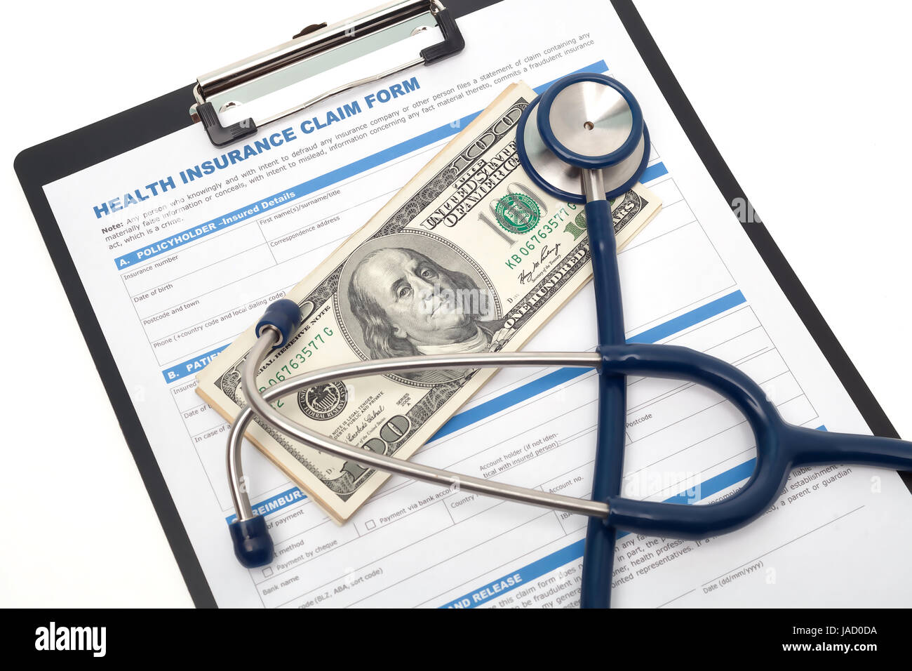 Medical and health insurance claim form with stethoscope on clipboard ...