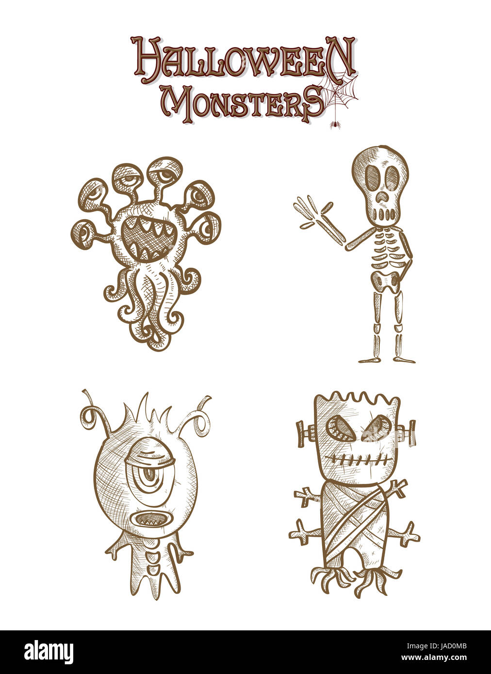 Halloween monsters spooky sketch style creatures cartoons set. EPS10 ...