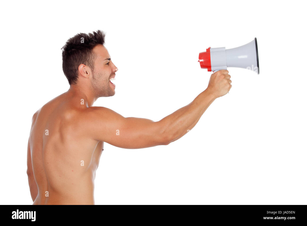 Muscular man with a megaphone isolated on a white background Stock ...