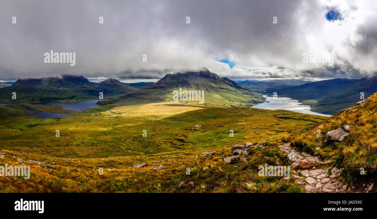 Panoramic view of beautiful lakes and clouds in Inverpolly area ...