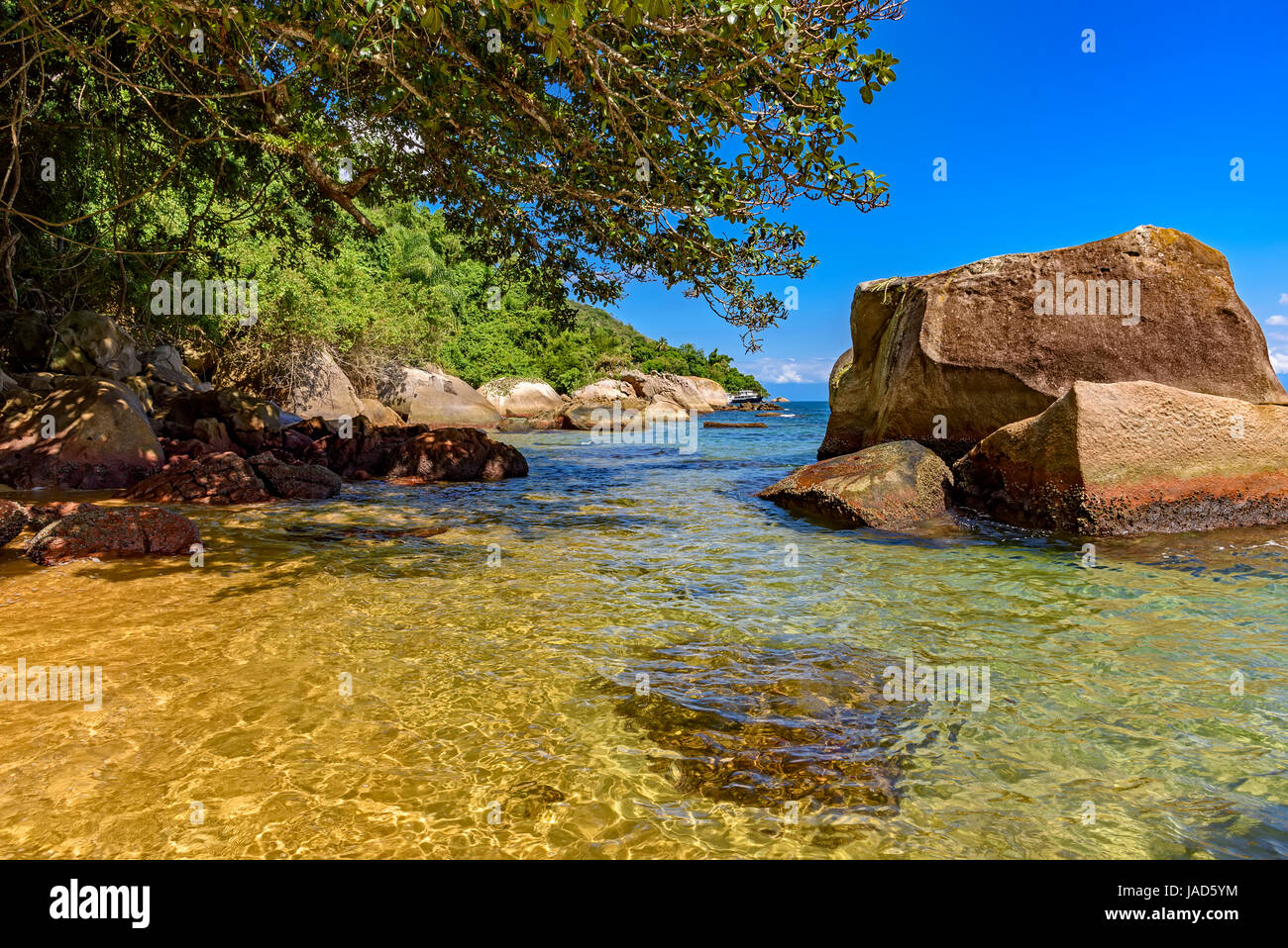 Deserted and unspoilt beach with its limpid and transparent waters that ...