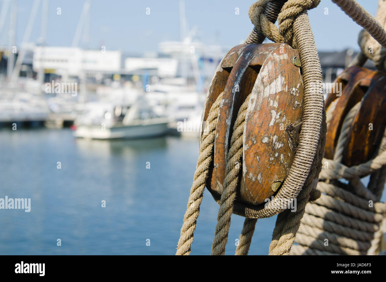 Blocks and rigging at the old sailboat, close-up Stock Photo - Alamy