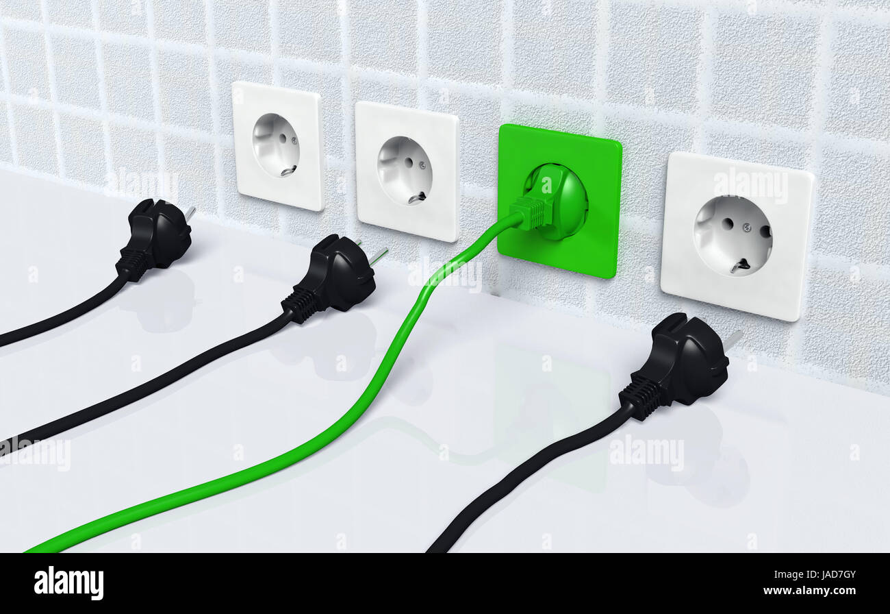 ecological green plug is connected to a green socket placed on the wall ...