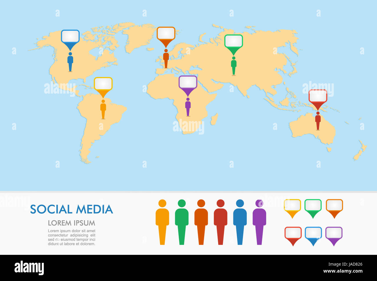 World map, men figures with geo position pointers infographics template. EPS10 vector file ...