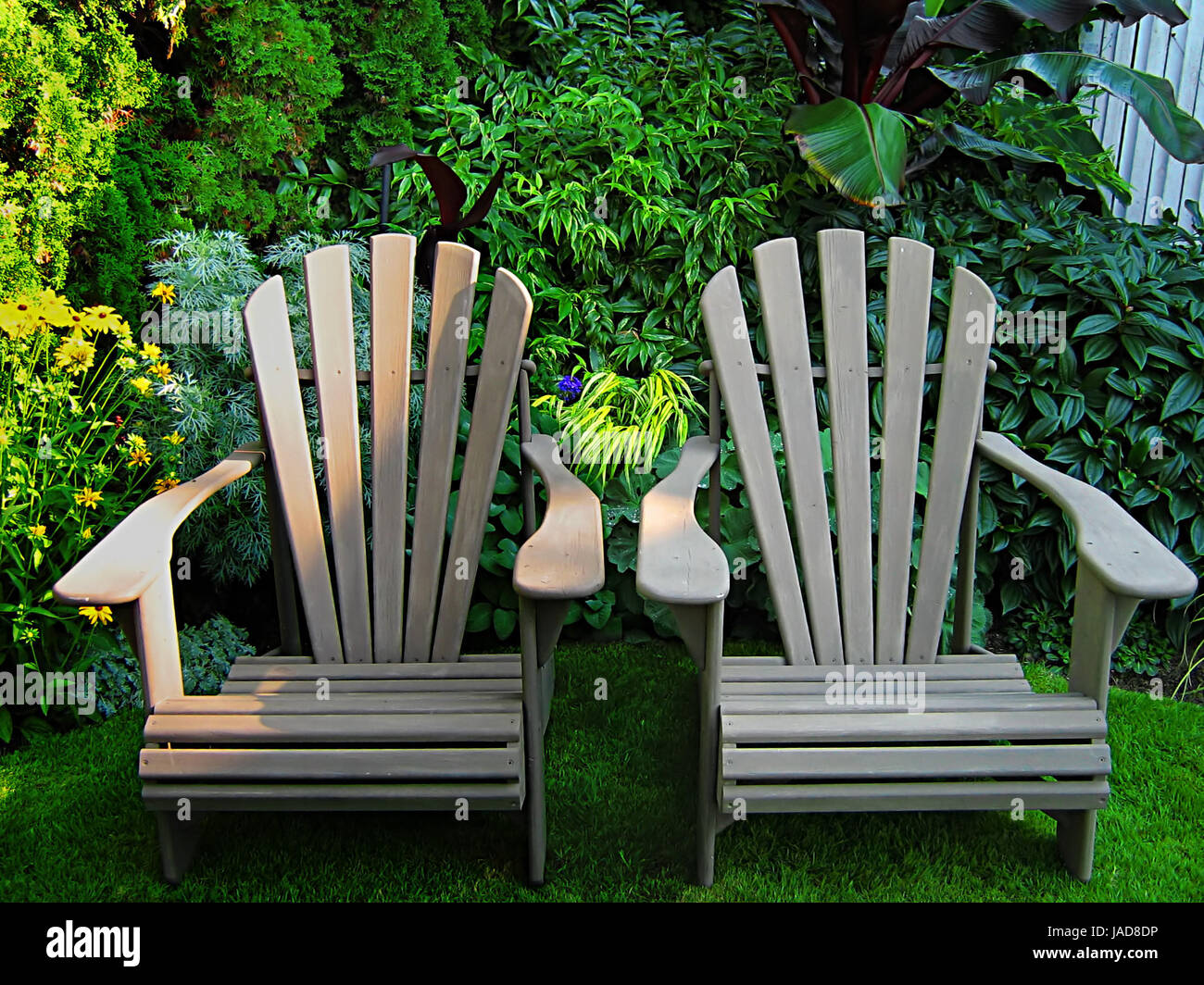 A photograph of a pair of wooden lawn chairs located in a garden Stock ...
