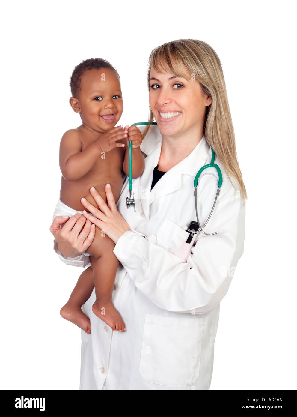 Adorable baby with his pediatrician isolated on a white background ...