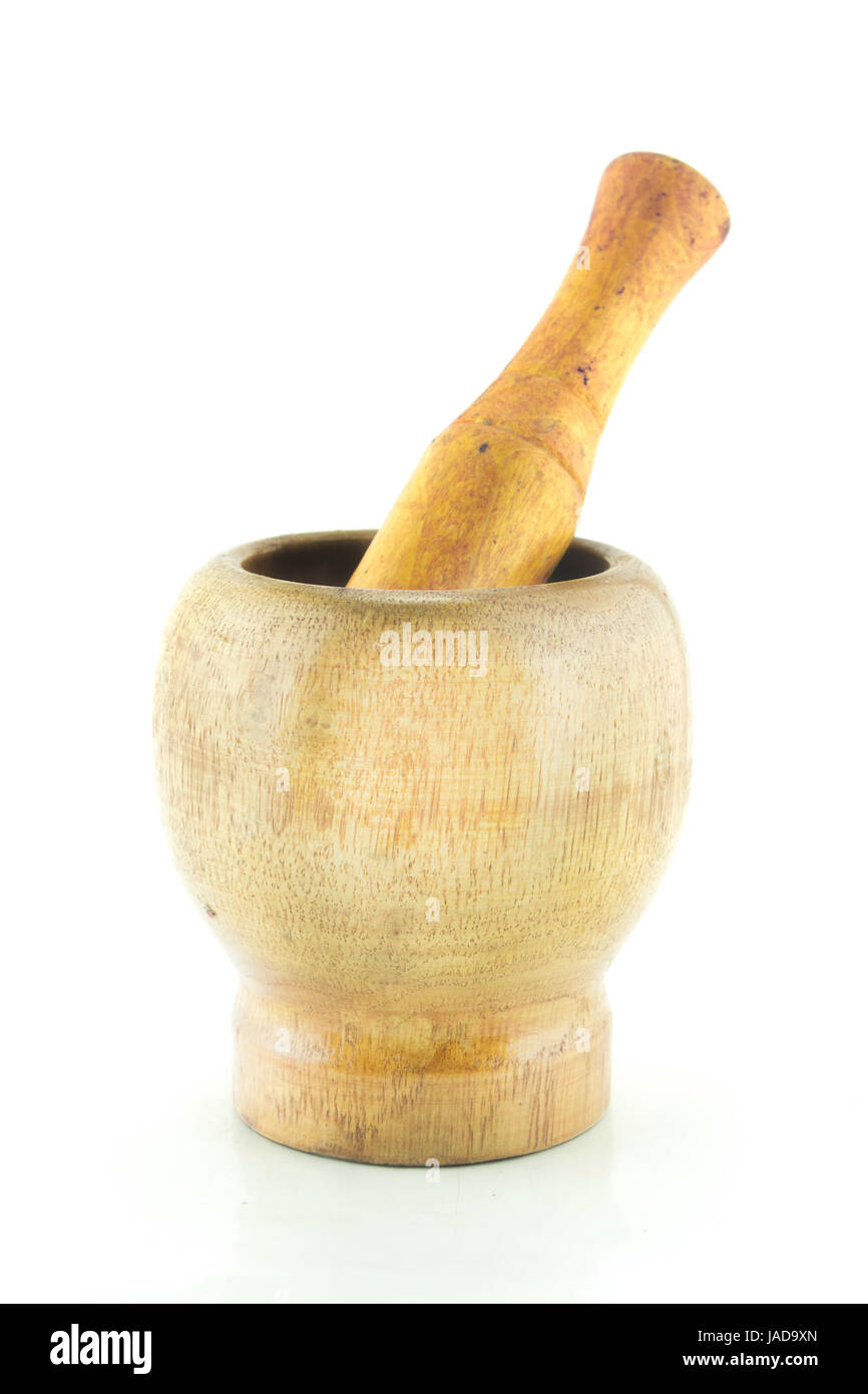 Handmade wooden mortar isolated on white background (with clipping work ...
