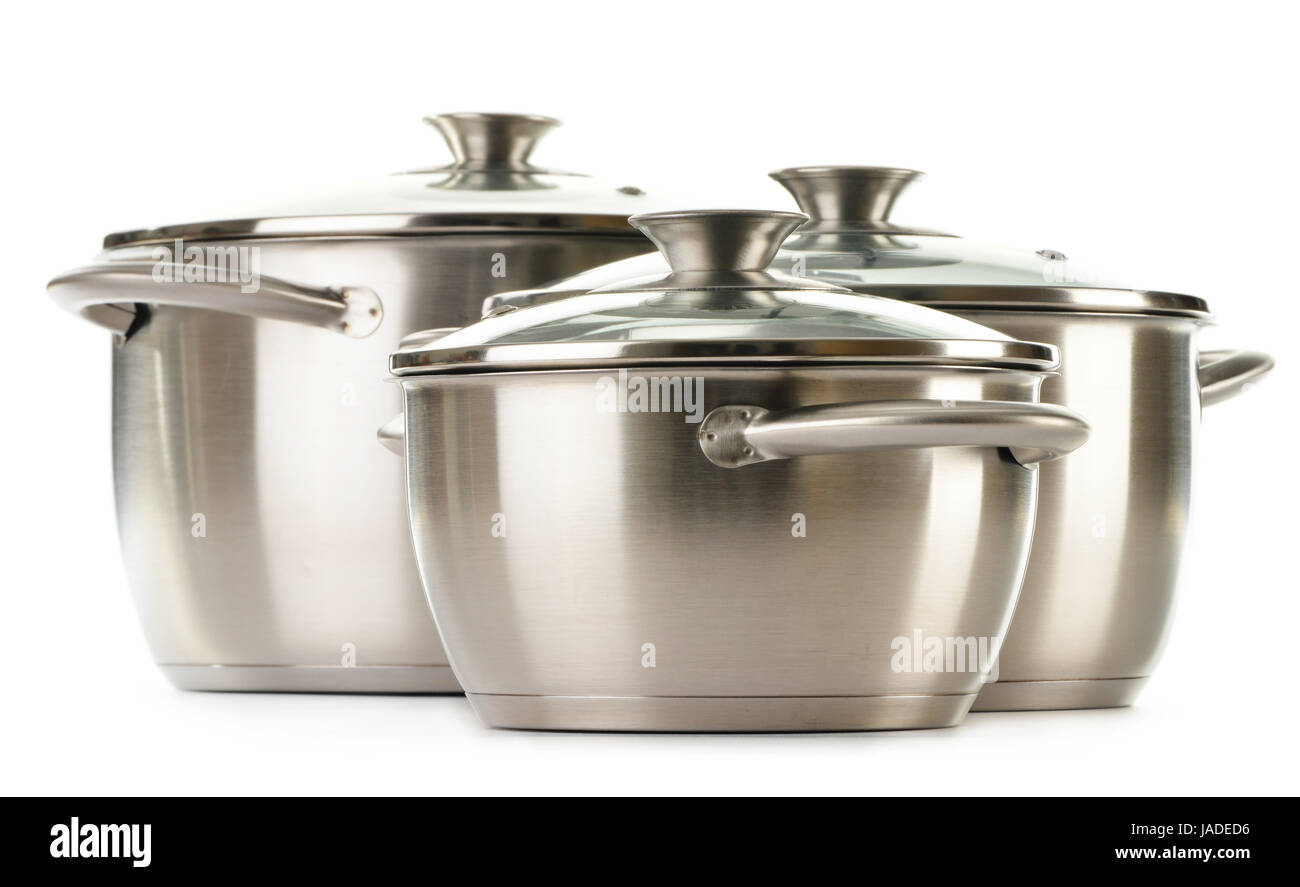 Stainless pots isolated on a white background Stock Photo - Alamy
