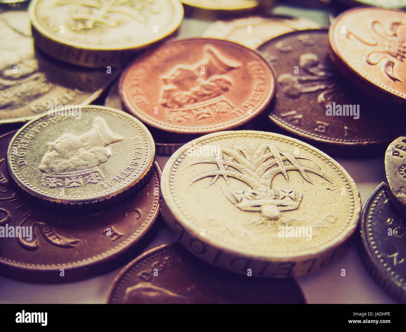 Vintage looking Detail of British Pound GBP coins money Stock Photo - Alamy