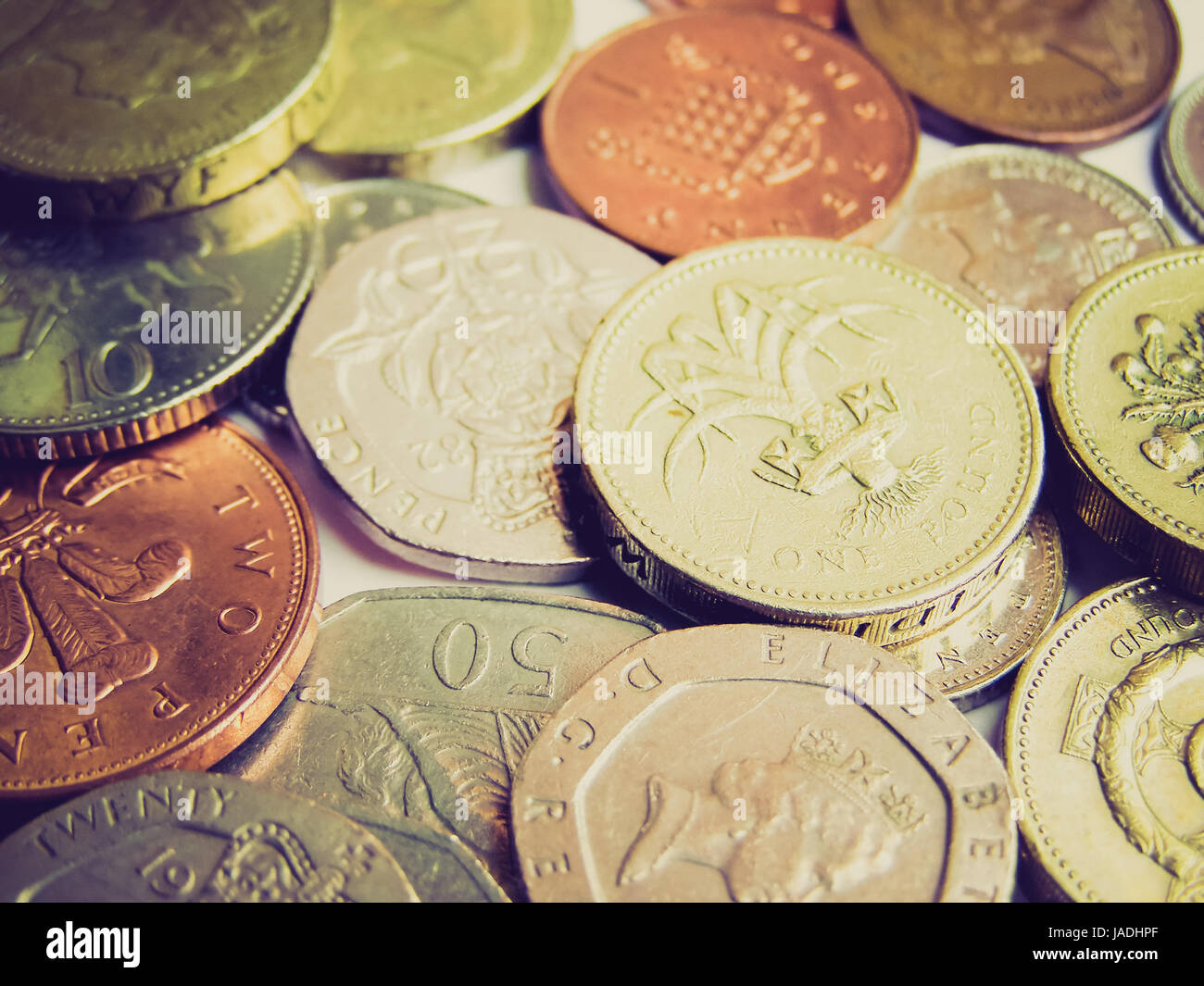 Vintage looking Detail of British Pound coins banknotes money Stock ...