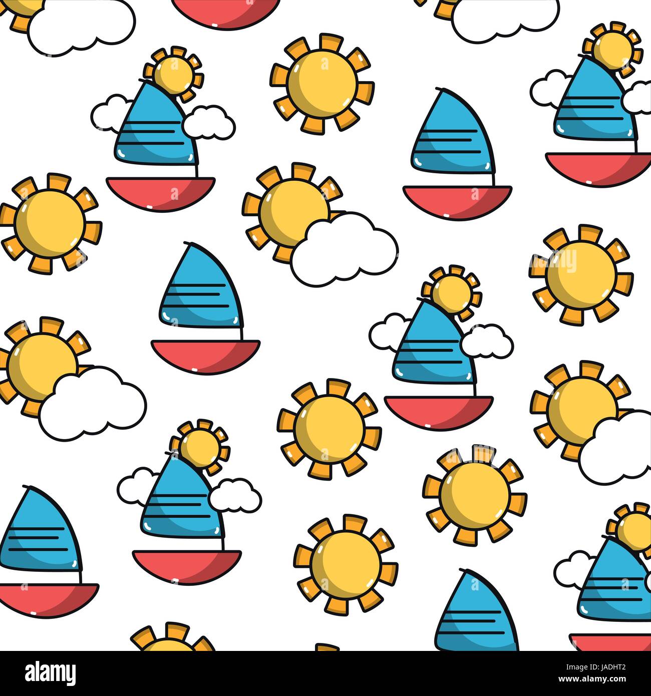 cute sailing boat with clouds and sun background Stock Vector Image ...