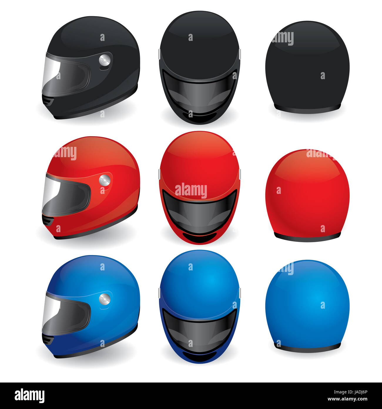 Vector illustration of motorcycle helmet. Black, red and blue set Stock ...
