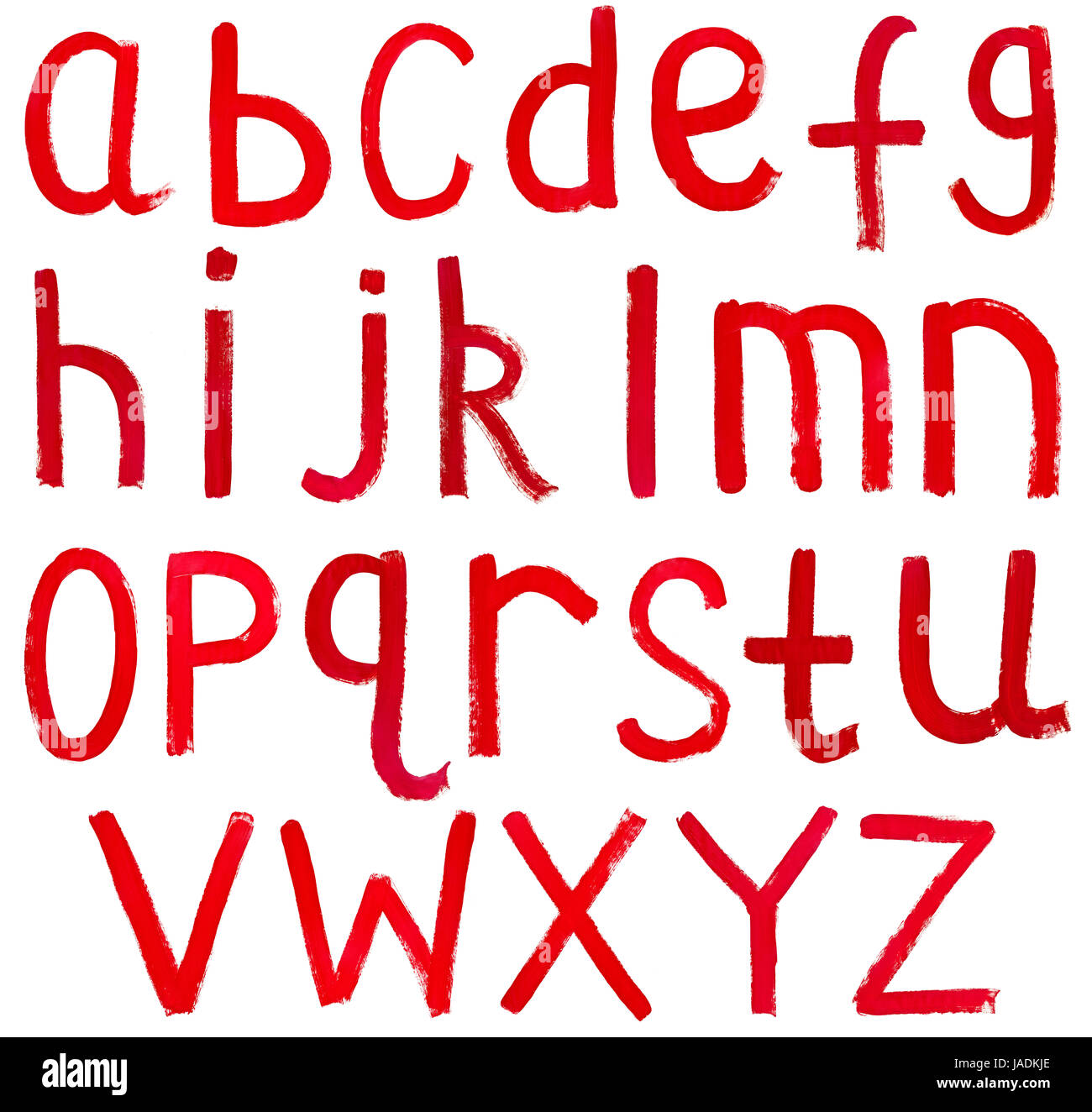 set of english lowercase letters hand written by red paint on white ...