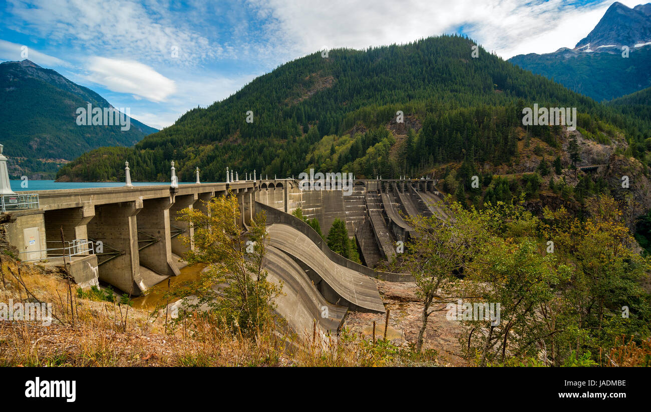 Diablo Dam, with Diablo Lake behind it, in North Cascades National Park ...