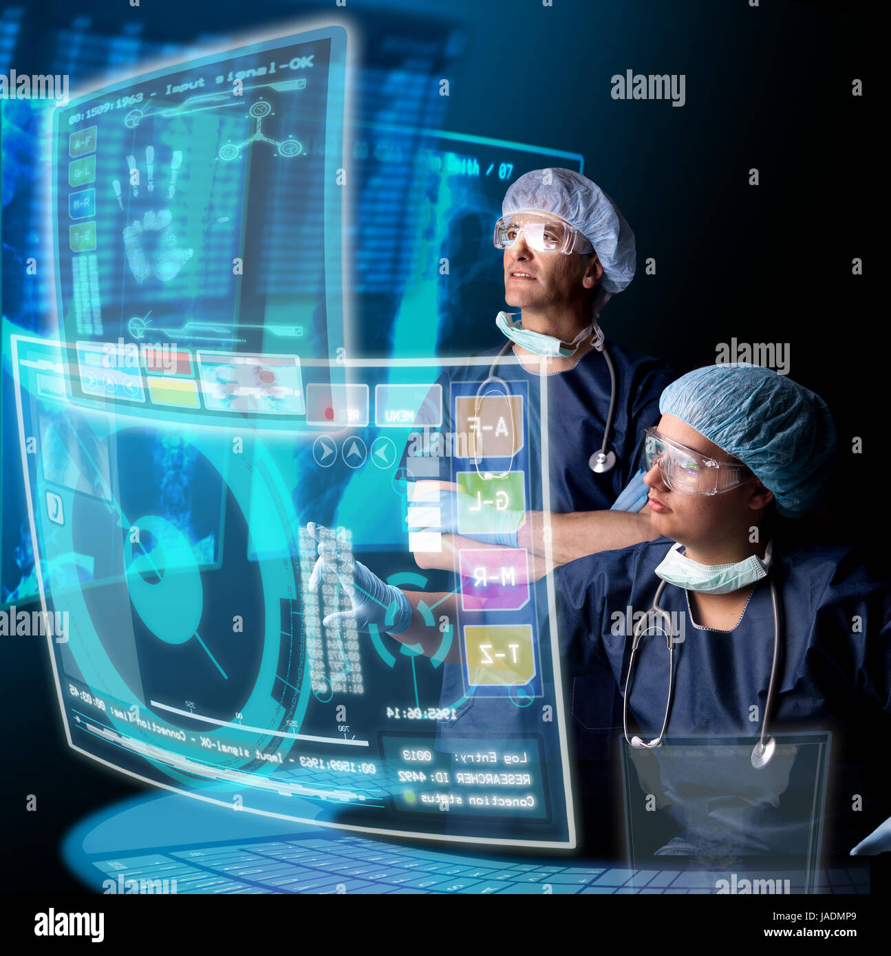 Doctors in a research station with digital screens and keyboard Stock ...