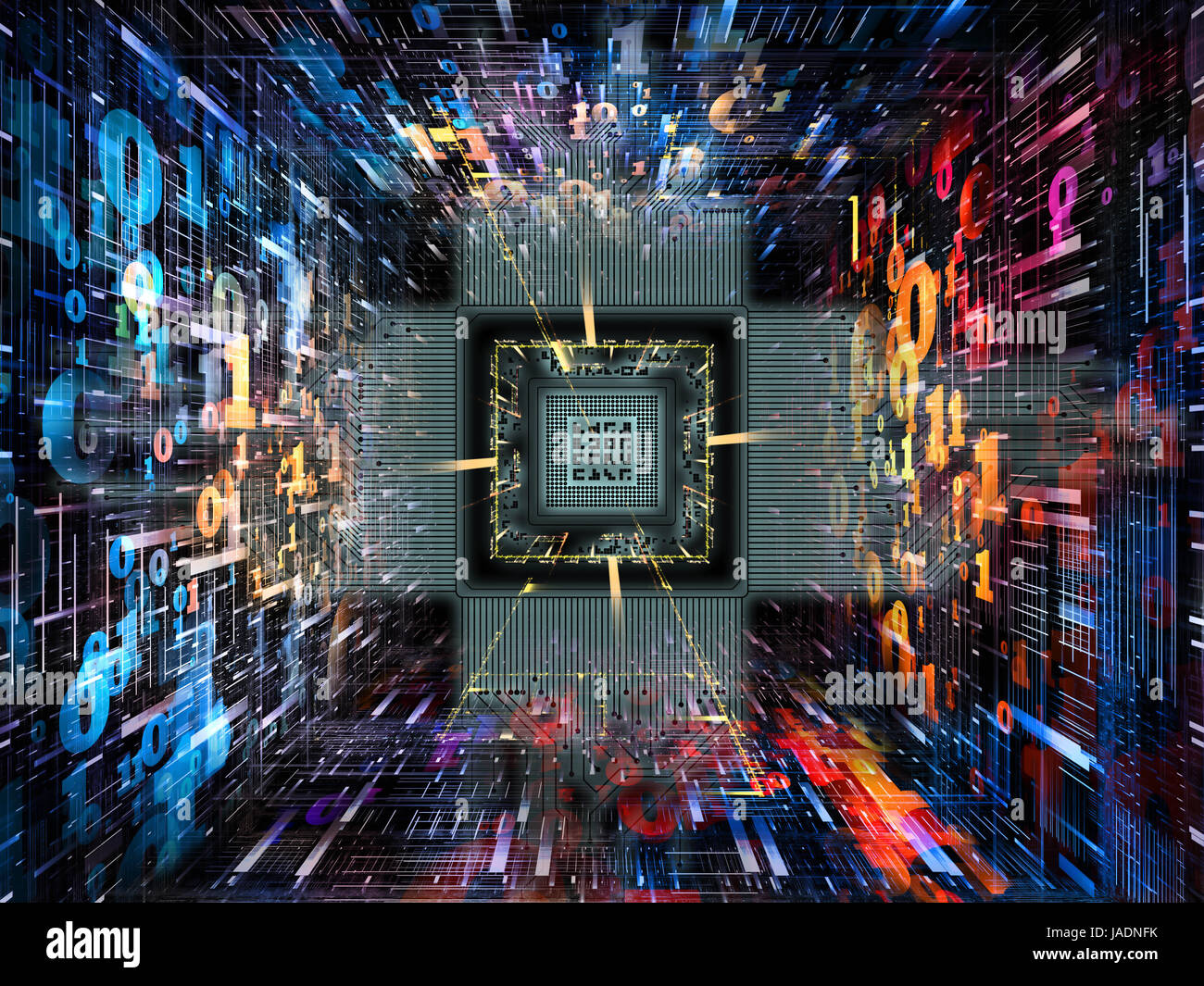 Number Tunnel series. Artistic background made of CPU chip, colorful ...