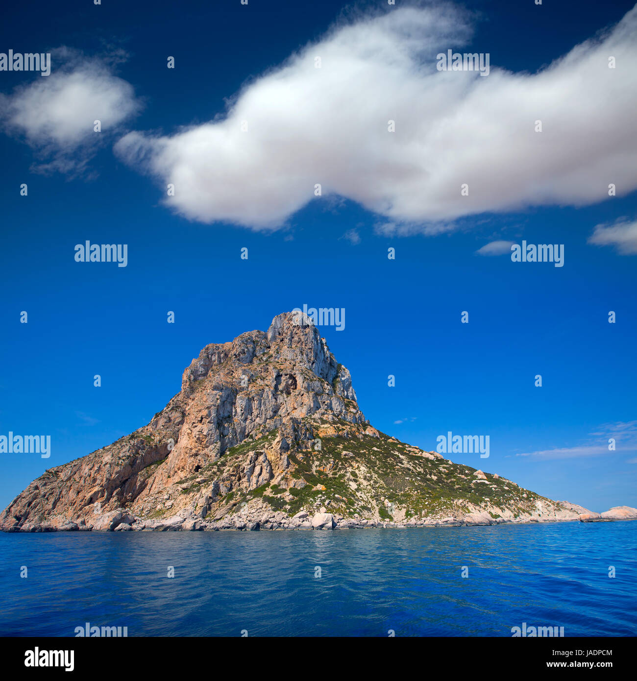 Es Vedra island of Ibiza close view from boat in Mediterranean Balearic ...