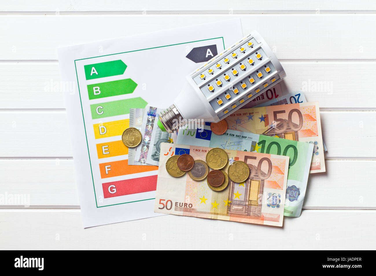 top view of LED lightbulb with energy label and euro on wooden ...