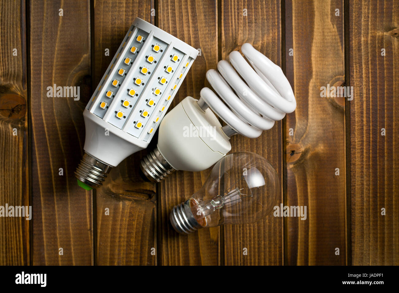 top view of various types of lightbulbs on wooden background Stock ...