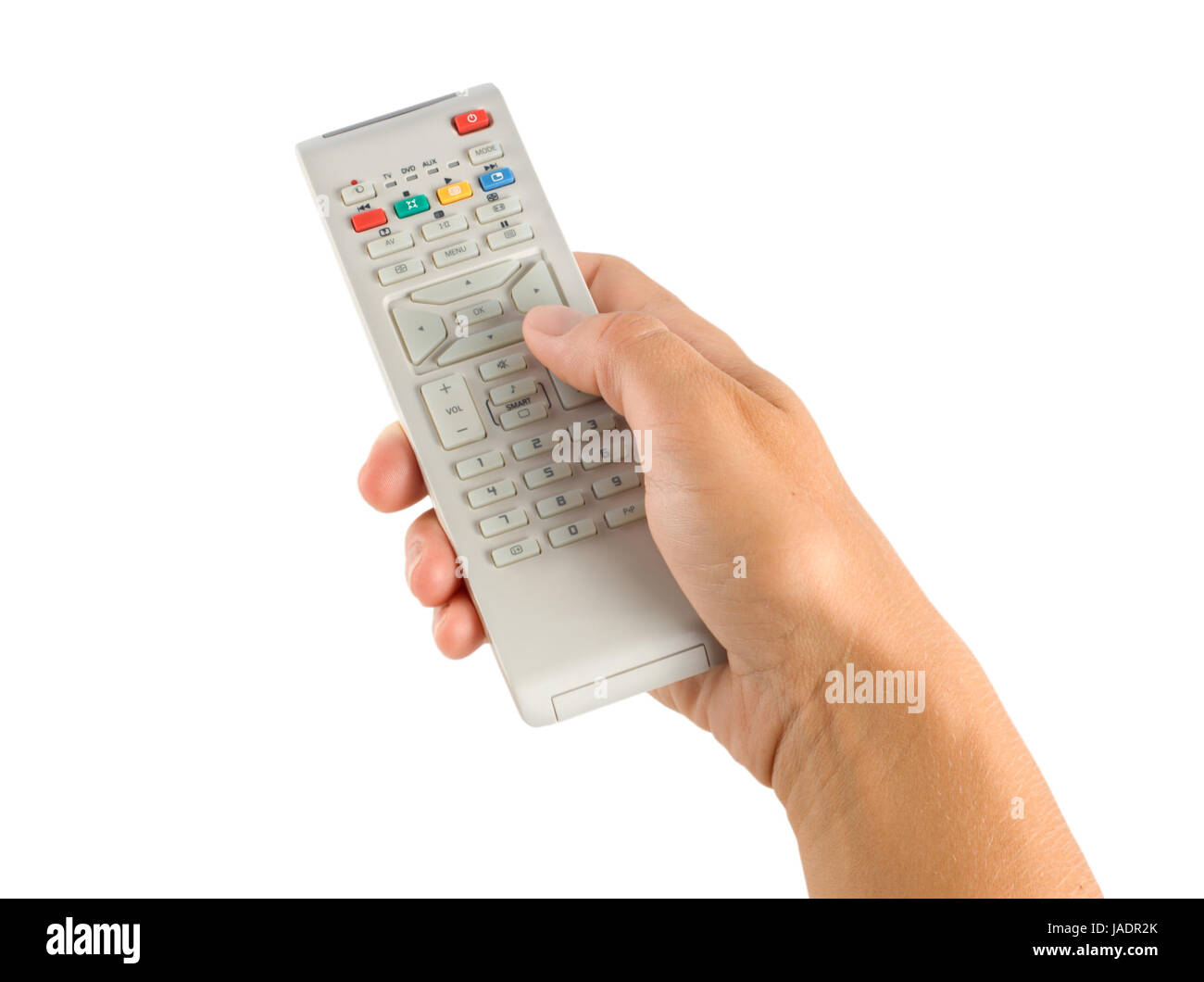 Remote controller in a hand Isolated on white background Stock Photo ...