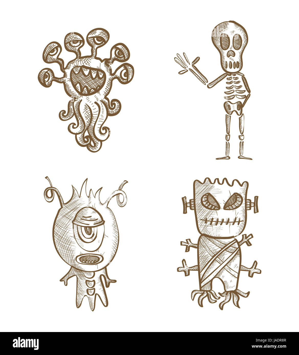 Halloween Monsters isolated spooky hand drawn freak creatures set ...