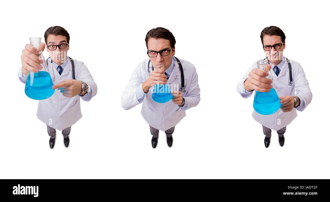 Funny doctor with blue liquid isolated on white Stock Photo - Alamy
