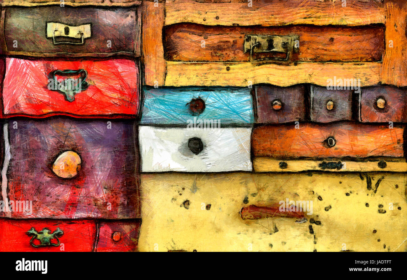Abstract painting of the various old drawers - chest of drawers - in ...
