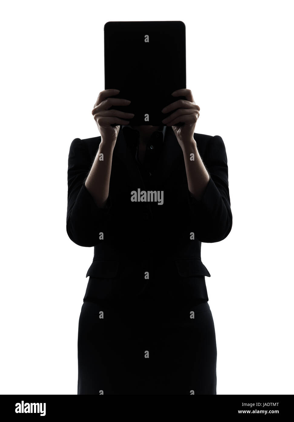 one business woman hiding computer computing digital tablet silhouette ...
