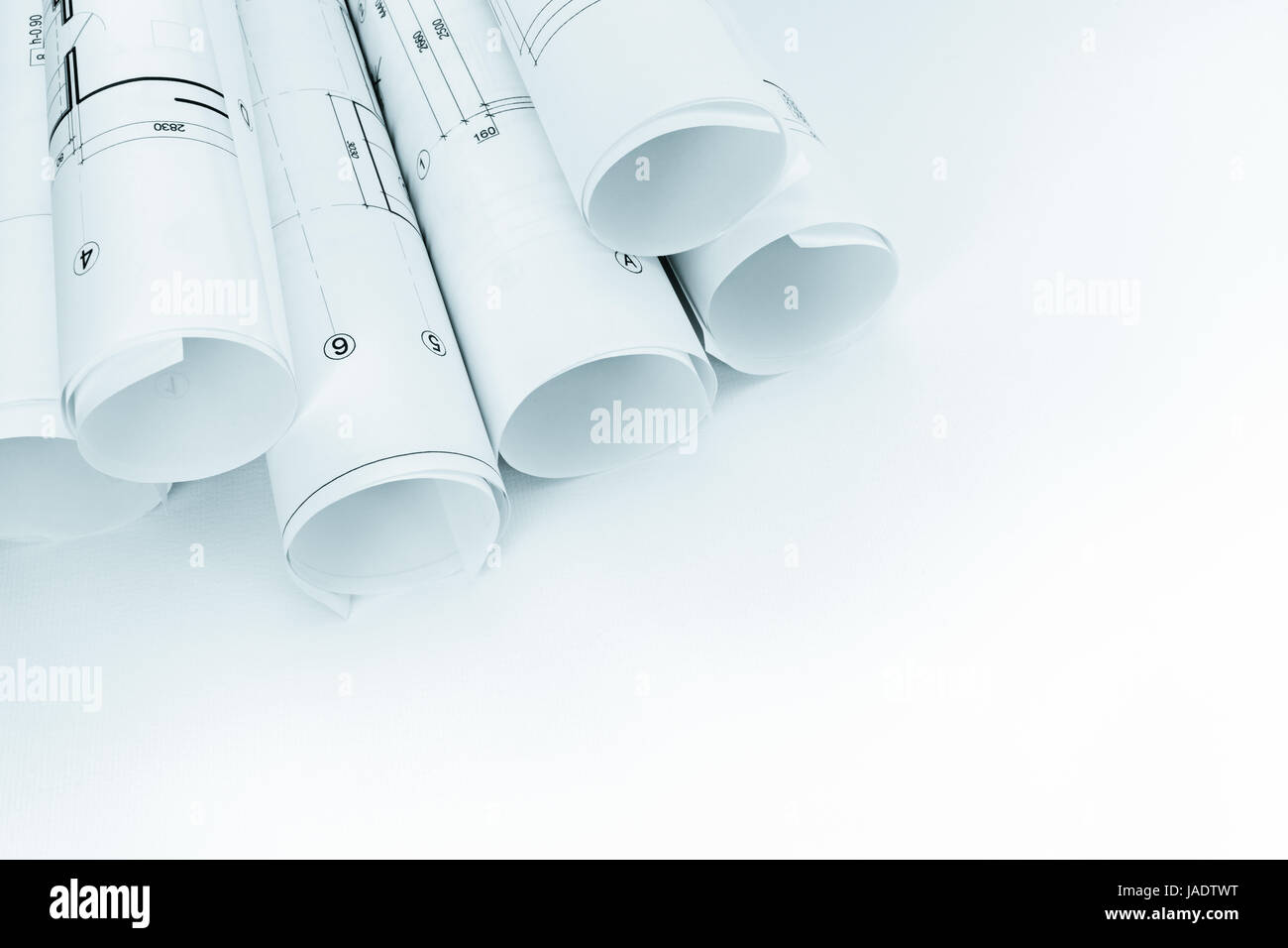 rolls of architectural blueprints and construction plans on white ...