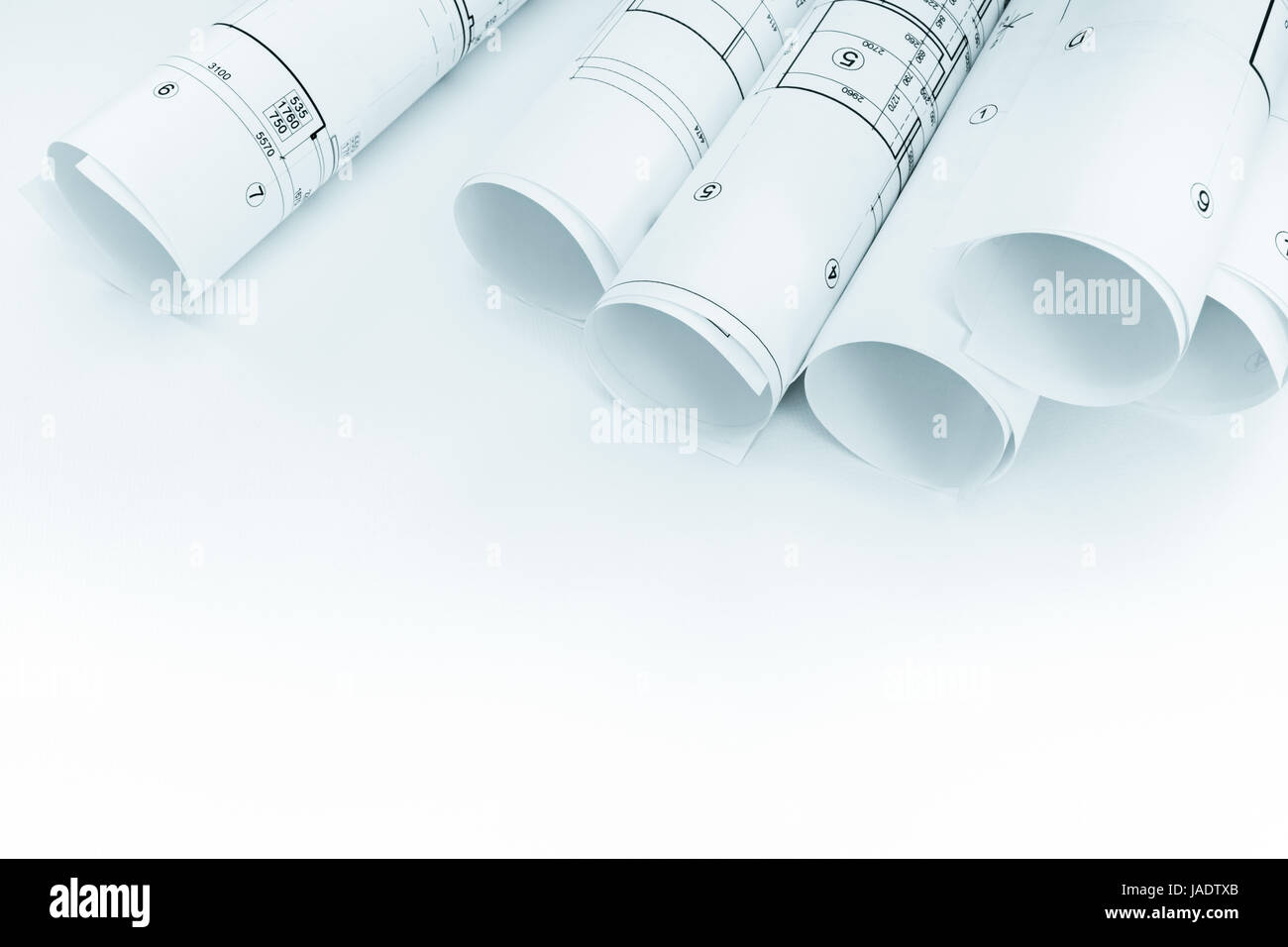 rolls of drawing paper with architectural plans of apartment on white ...