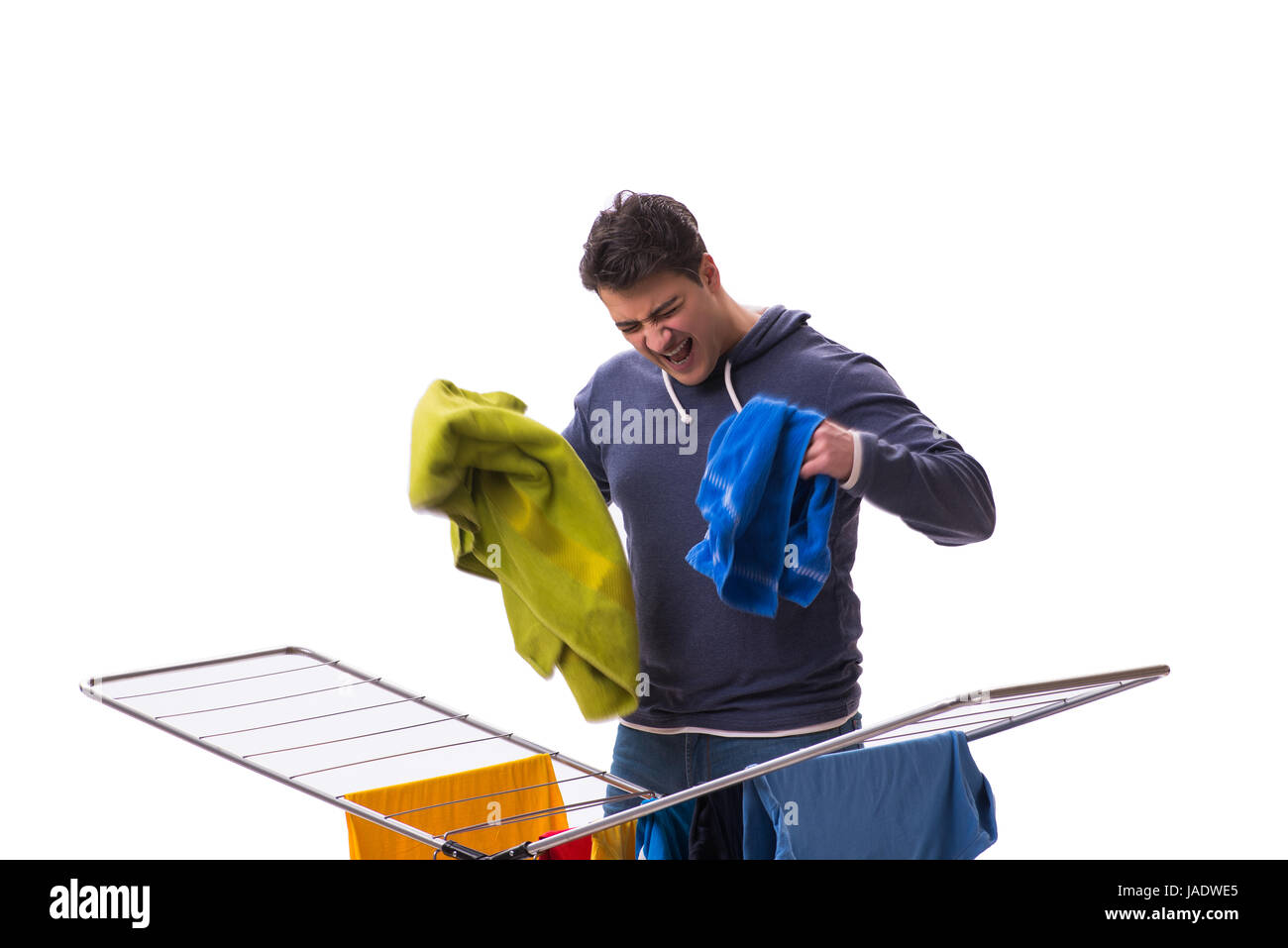 Husband man doing laundry isolated on white Stock Photo - Alamy