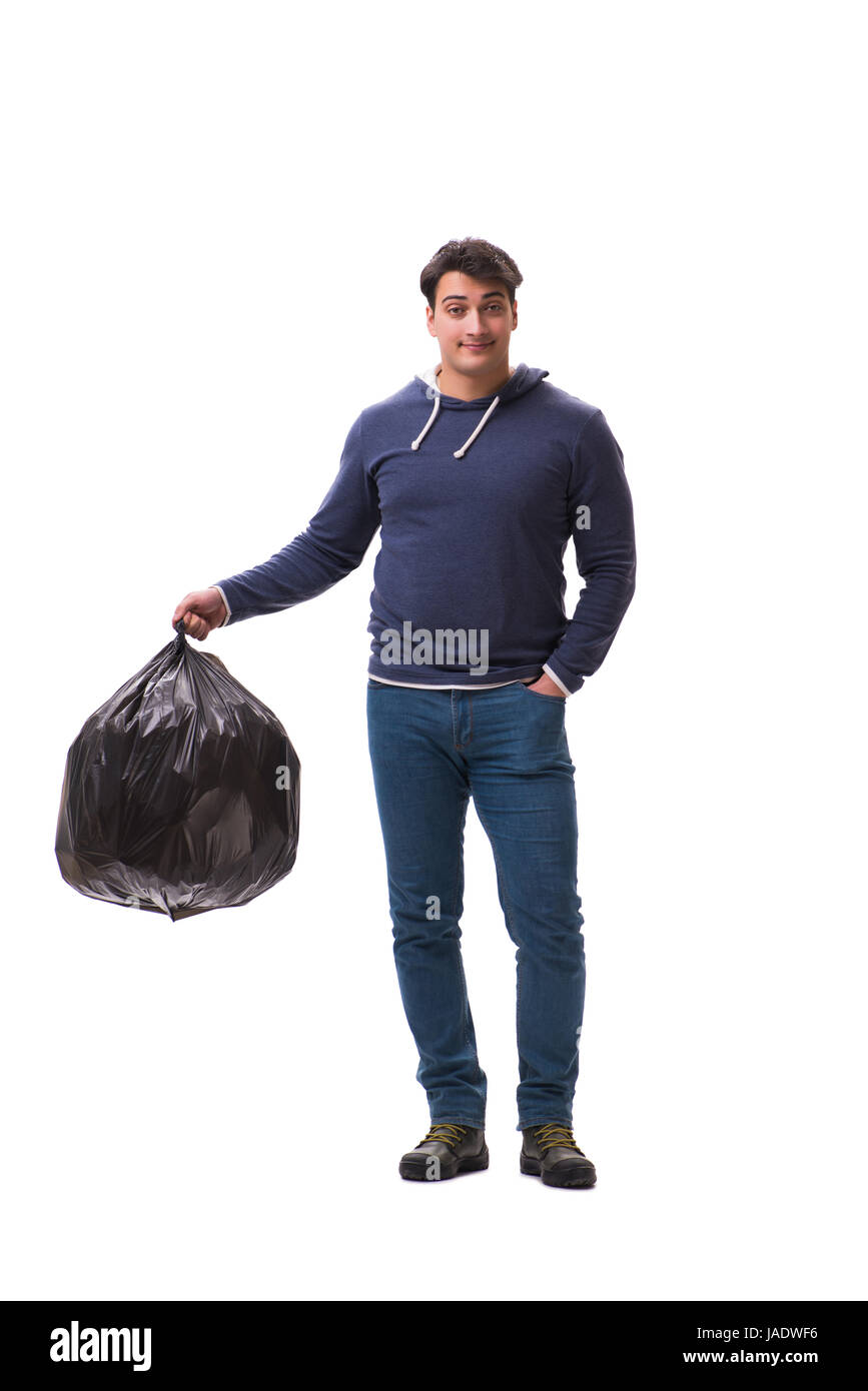 Man with garbage sack isolated on white Stock Photo - Alamy