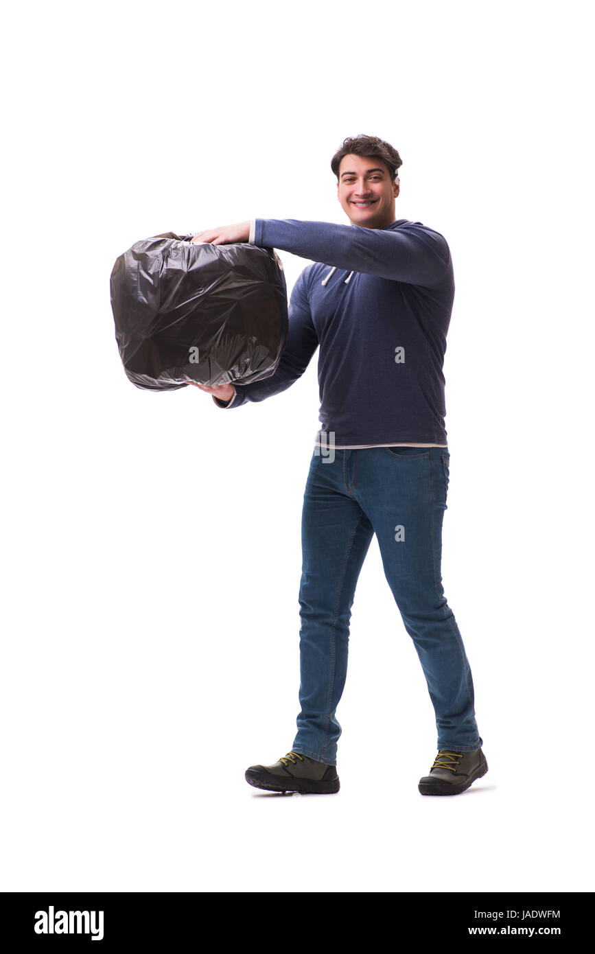 Man with garbage sack isolated on white Stock Photo - Alamy