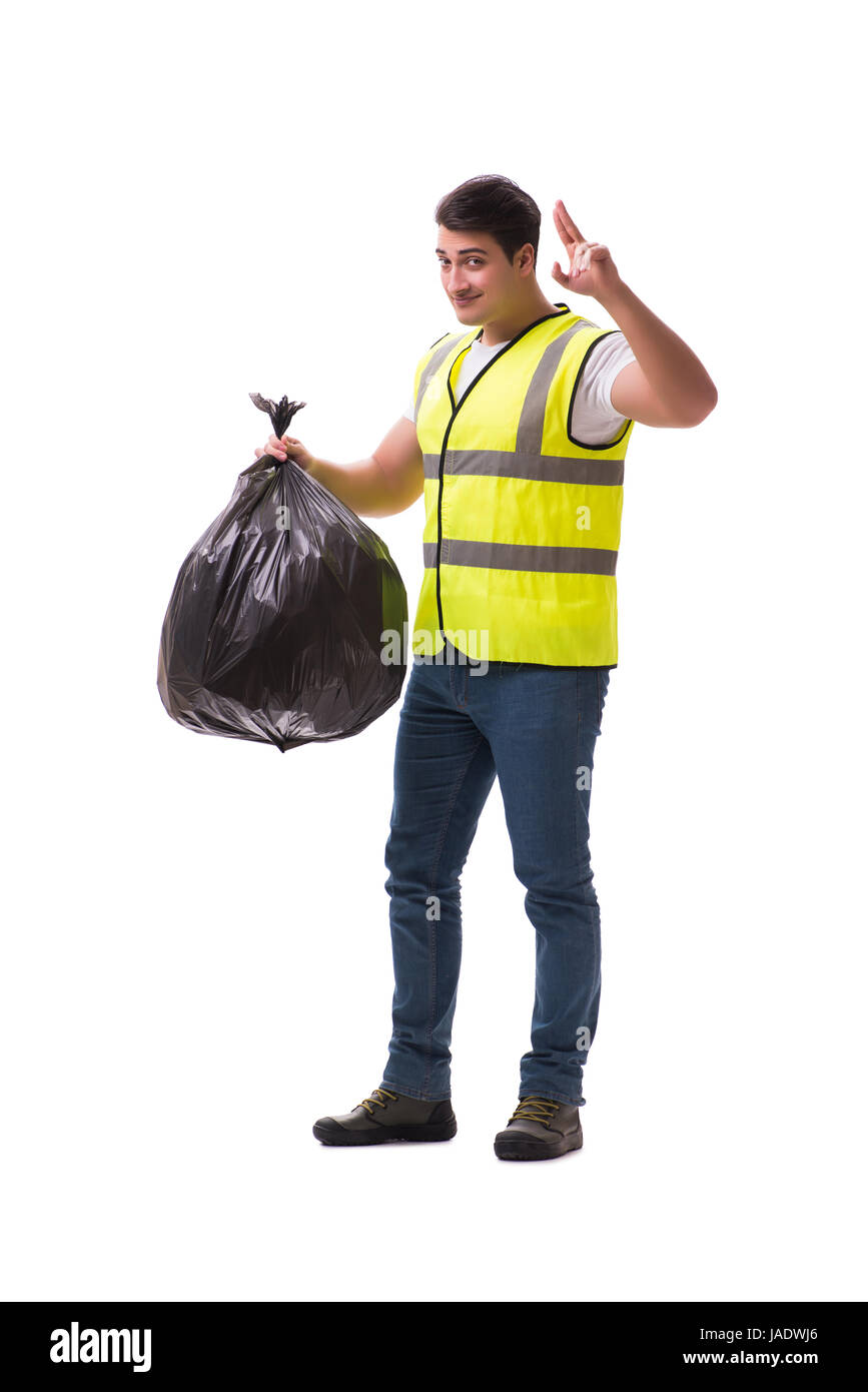 Man with garbage sack isolated on white Stock Photo - Alamy