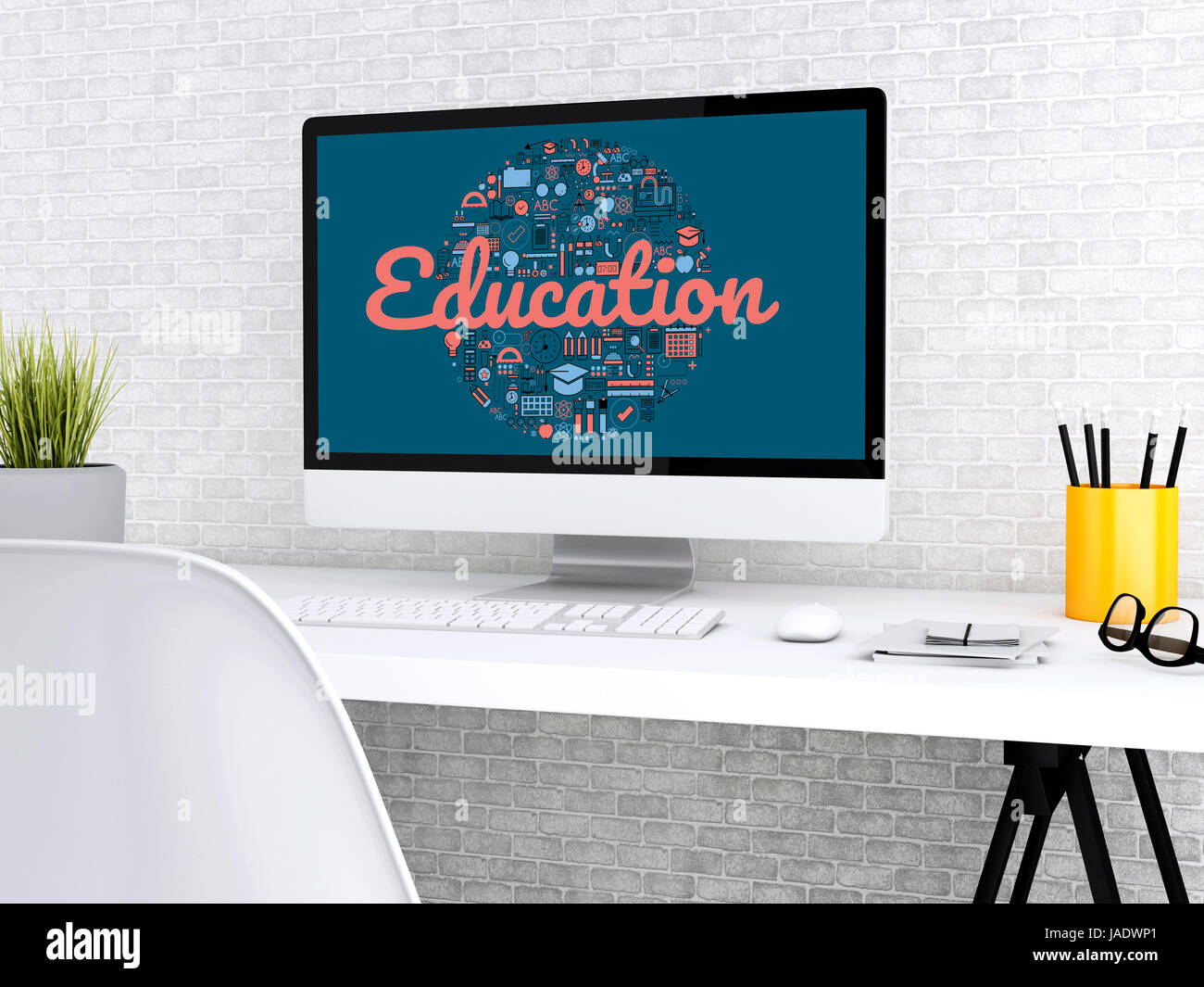3D illustration. Modern workspace and computer. Online education ...