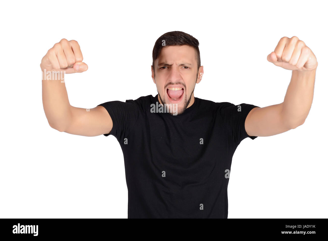 Portrait of a young latin man celebration victory. Isolated white ...