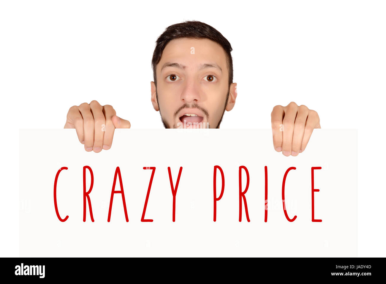 Portrait of young man holding a sign. Sale and discount concept ...