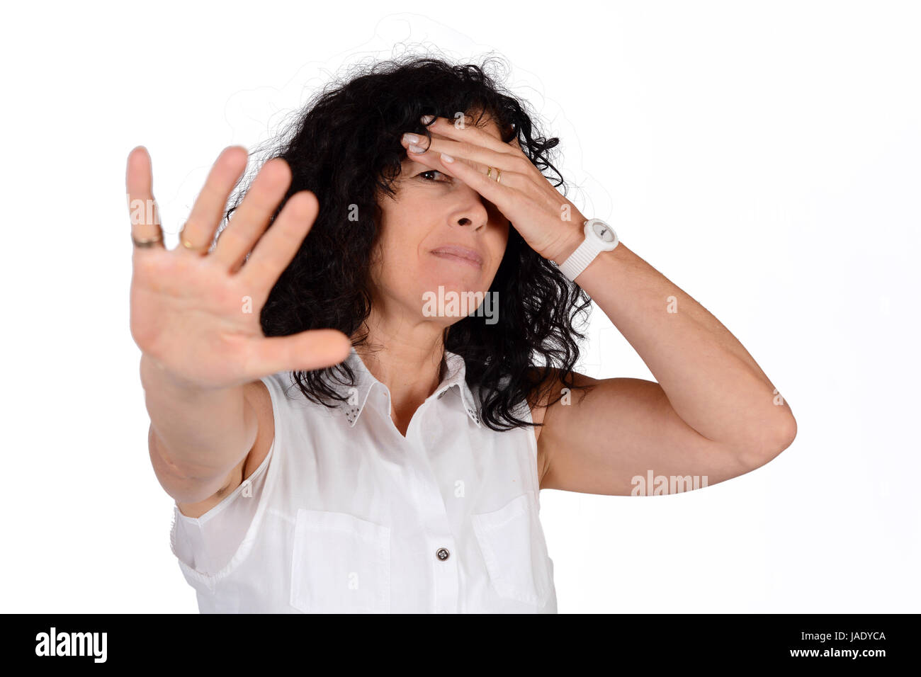 Woman doing stop gesture with hand. Isolated white background Stock ...